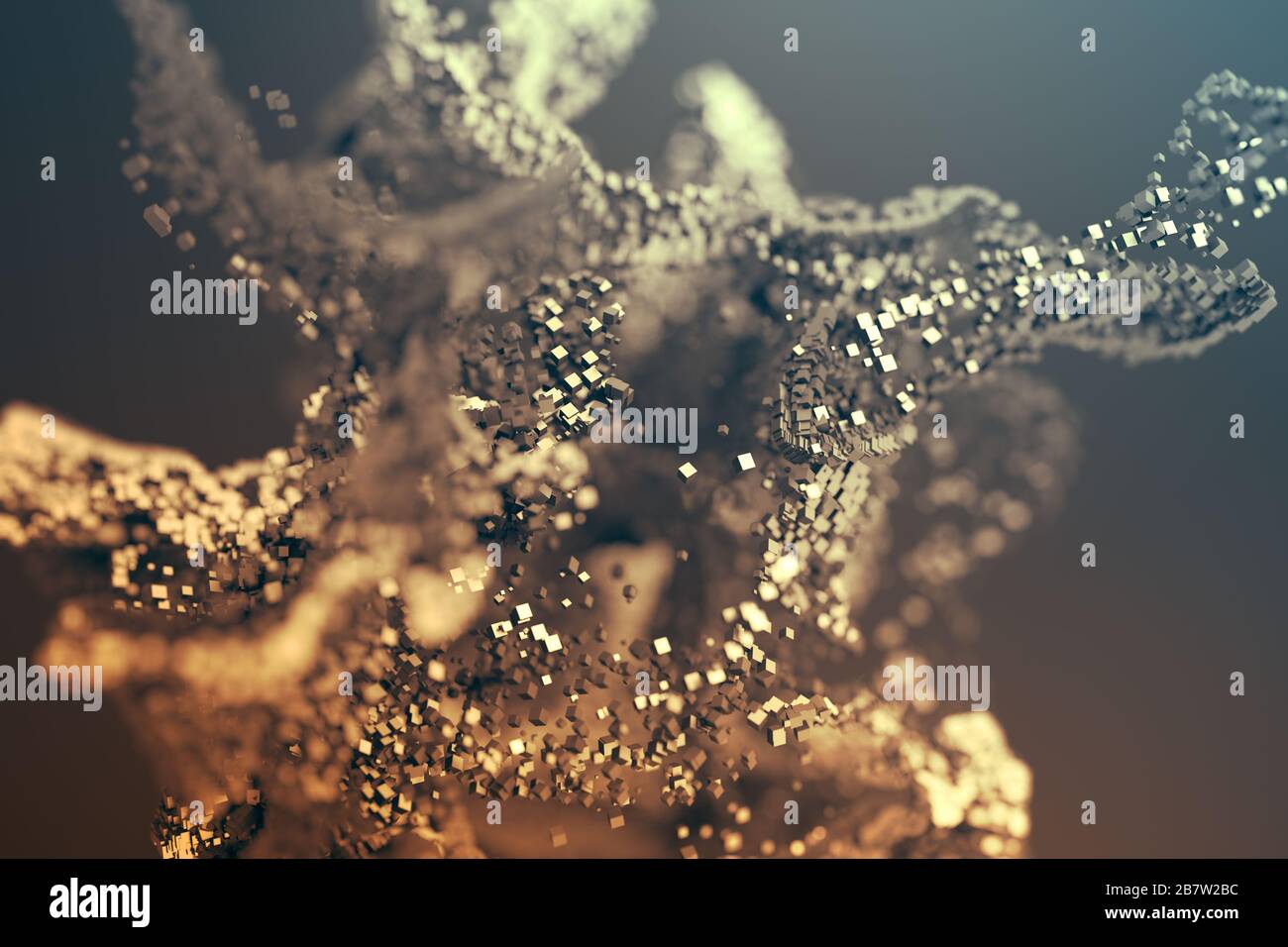 Abstract 3d rendering of chaotic particles. Flying cubes in empty space. Dynamic shape ...