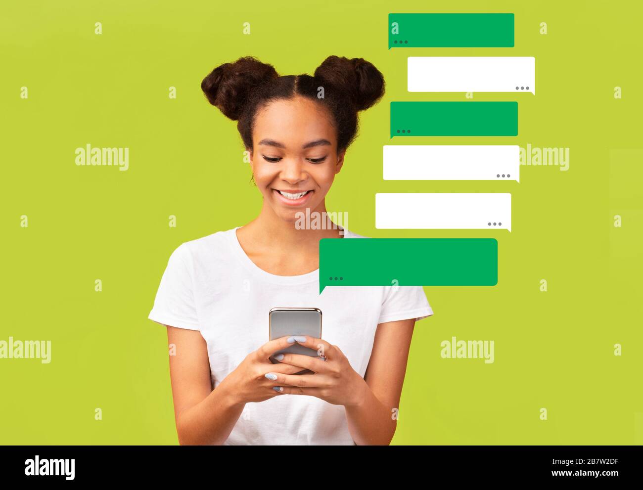 Social networks. African American girl talking in chat on green ...