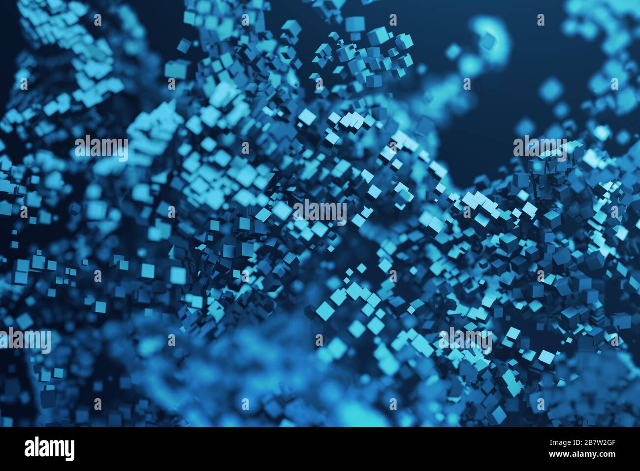 Abstract 3d rendering of chaotic particles. Flying cubes in empty space. Dynamic shape ...