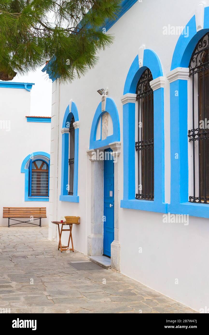 Greek traditional white and blue windows and door closeup view, Greece ...