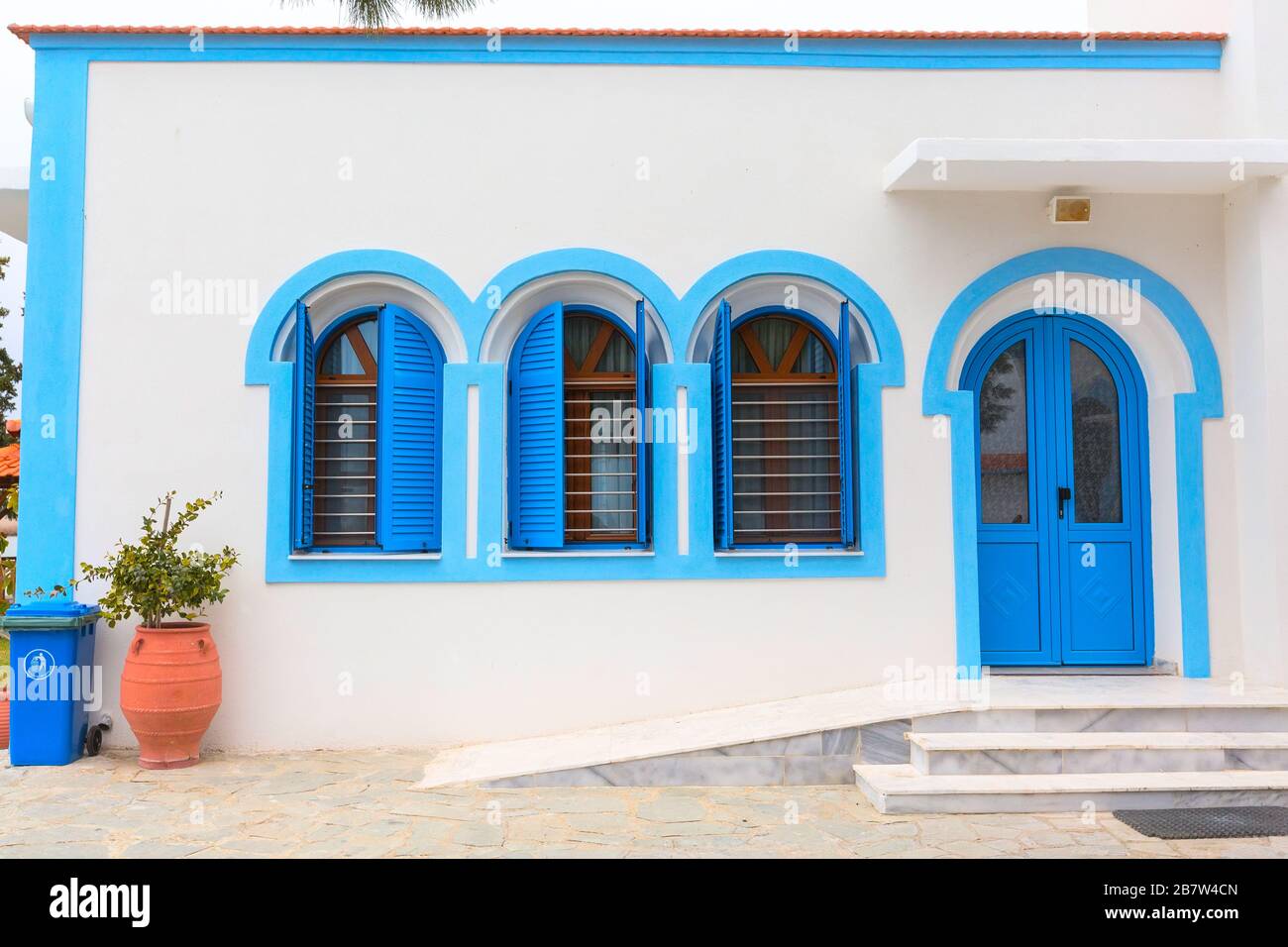 Greek traditional white and blue windows and door closeup view, Greece ...