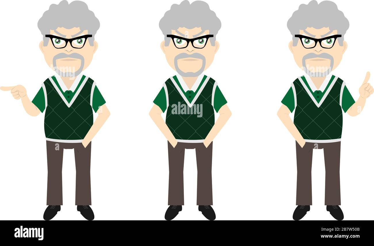 Set of a grumpy old man in three different poses: pointing out, hands ...