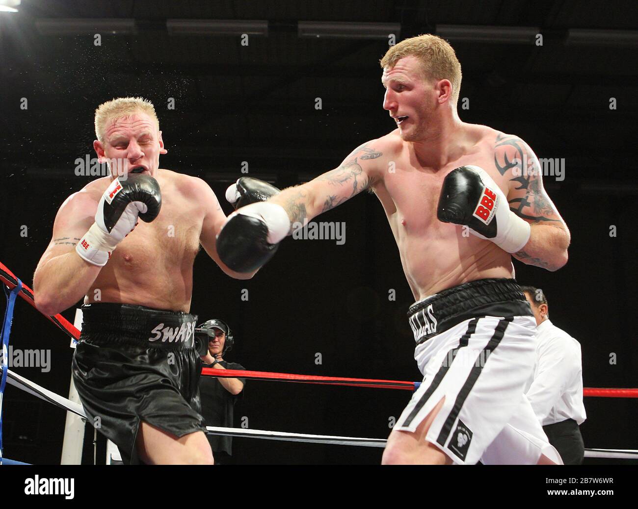 Tom Dallas (white shorts) defeats Lee Swaby in a Heavyweight boxing ...