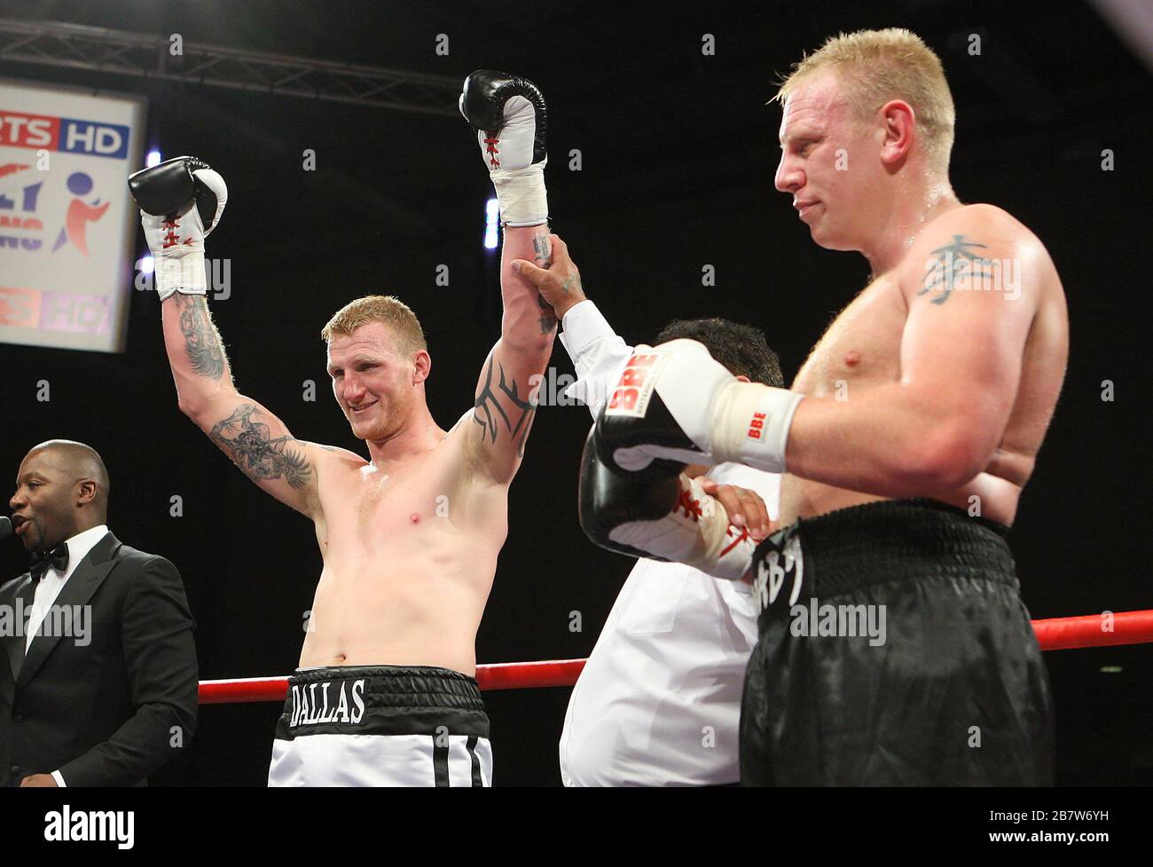 Tom Dallas (white shorts) defeats Lee Swaby in a Heavyweight boxing ...