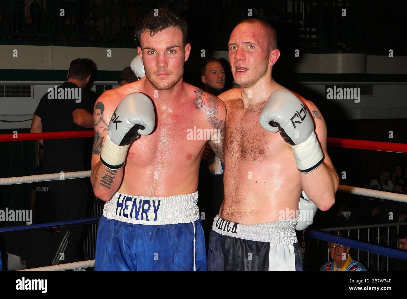 Henry Bacon (blue shorts) defeats Hayden Chick in a Super-Middleweight ...