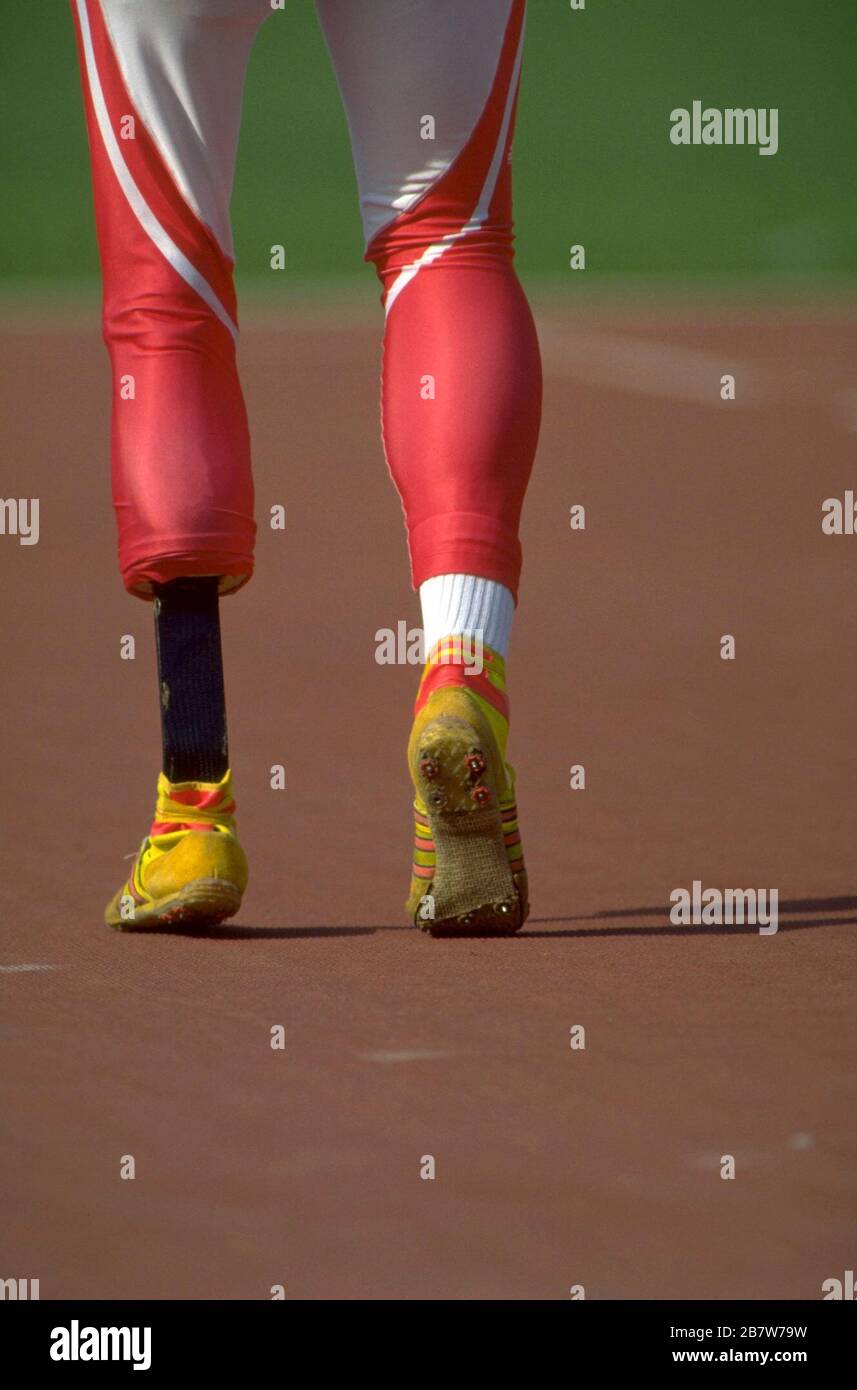 Barcelona, Spain, 1992: Male handicapped athlete with prosthetic leg ...