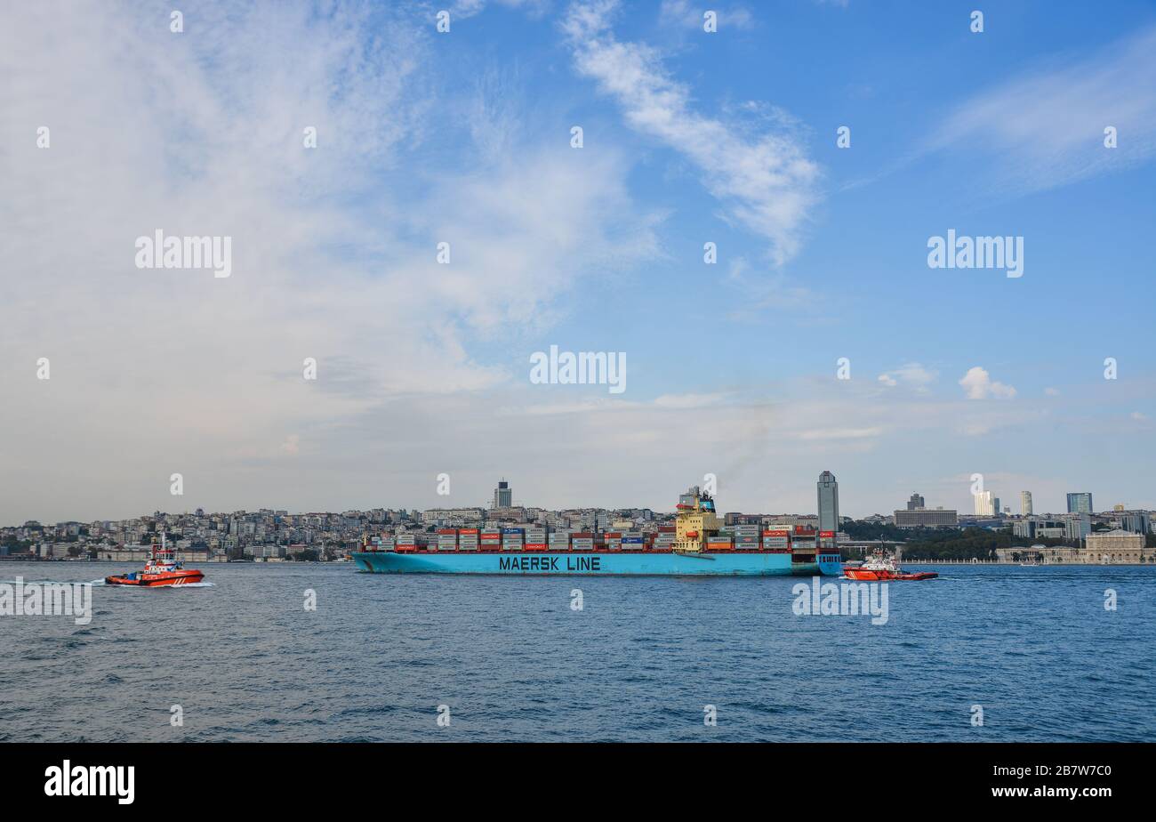 Istanbul, Turkey - Sep 28, 2018. Maersk Line cargo ship on Bosphorus ...