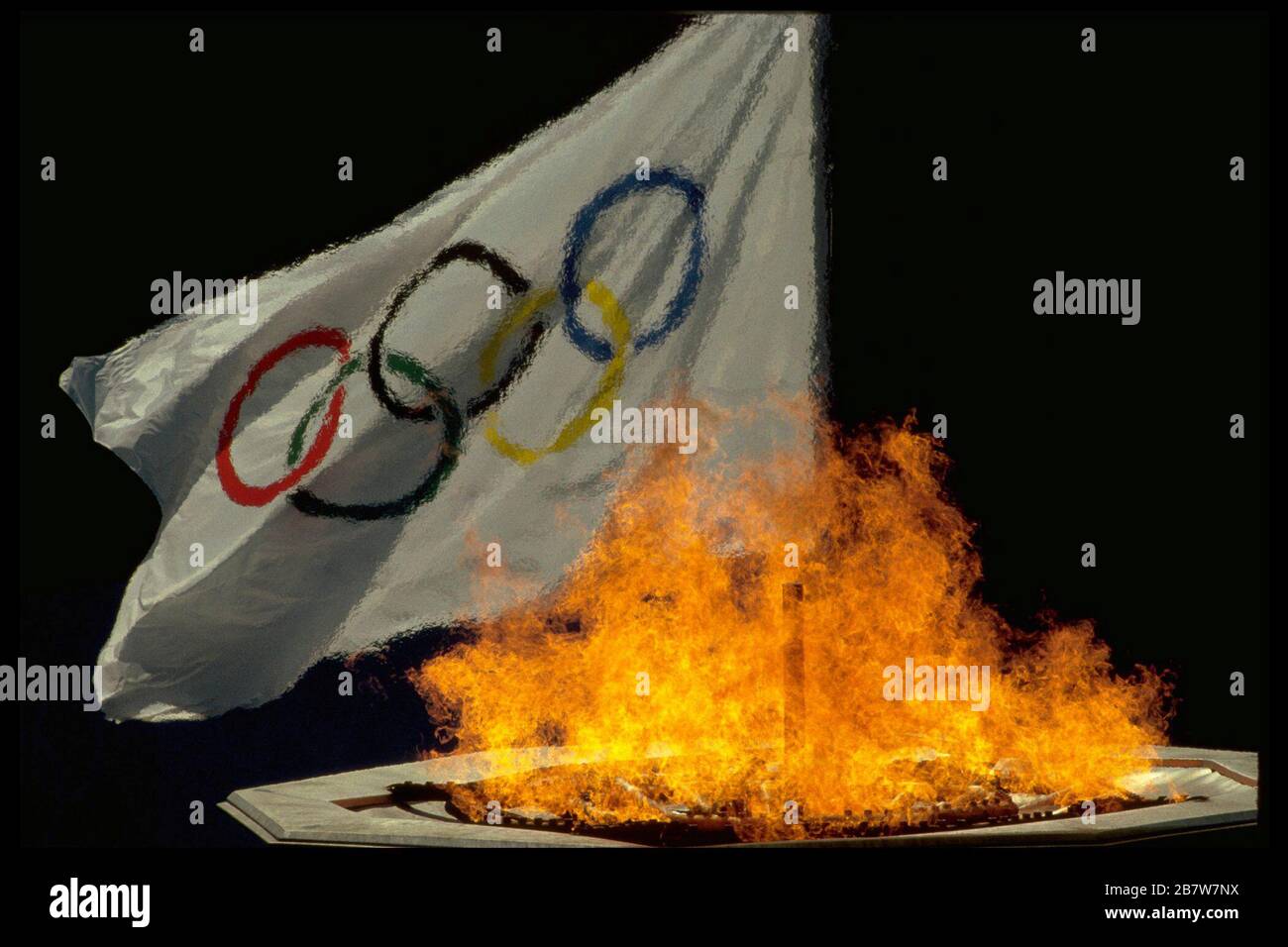 Seoul South Korea 1988: Olympic flag and flame of Olympic cauldron ... Seoul South Korea 1988: Olympic flag and flame of Olympic cauldron ...