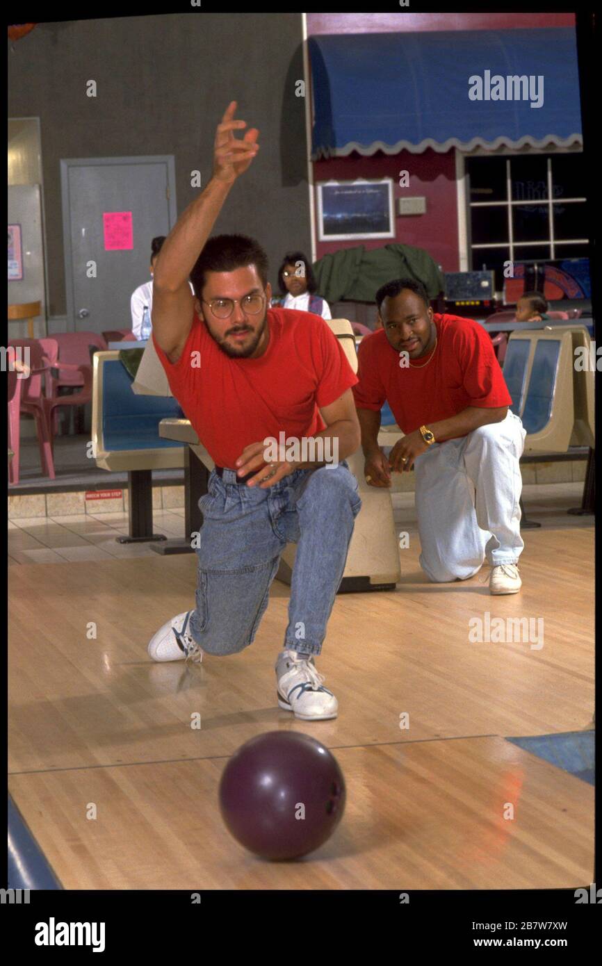Marble Falls, Texas, USA: Bowler sends ball down lane during bowling ...