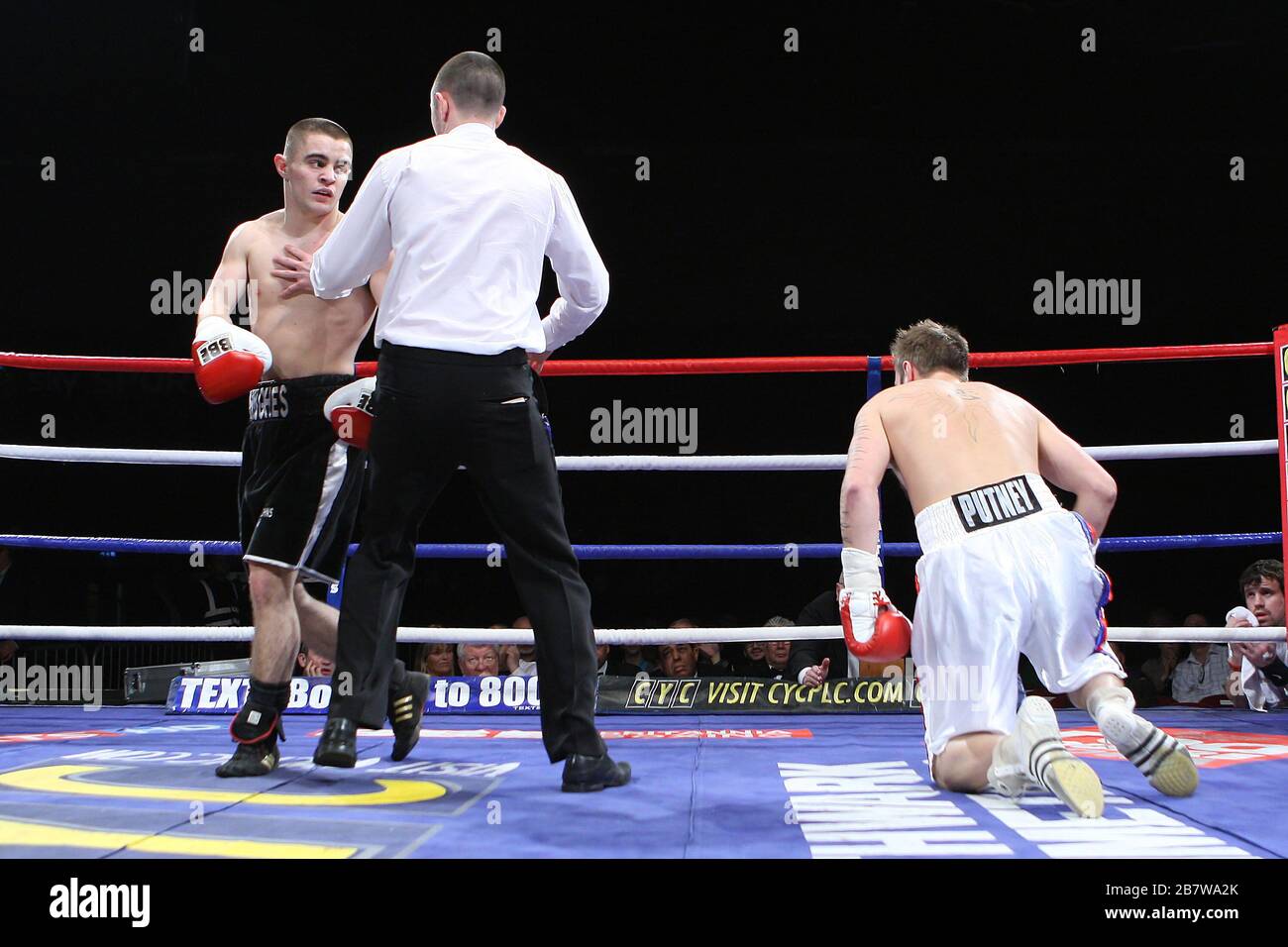 Joe Hughes (black shorts) defeats Gavin Putney in a Welterweight boxing ...