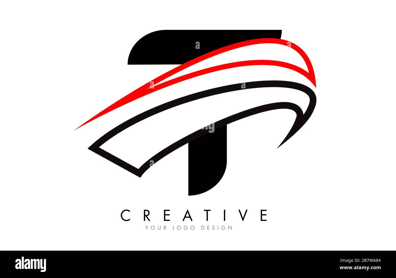 T letter logo with Black and Red Monogram Swashes Design Vector ...