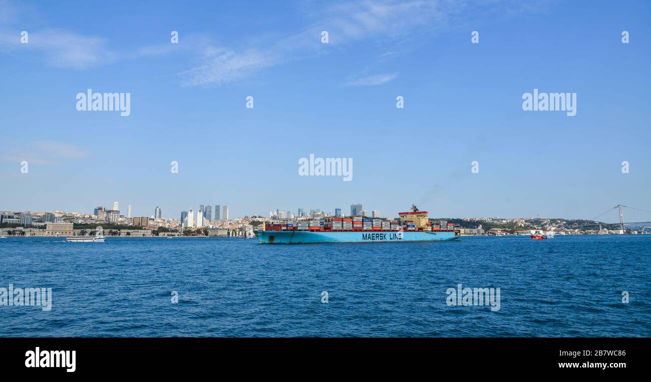 Istanbul, Turkey - Sep 28, 2018. Maersk Line cargo ship on Bosphorus ...