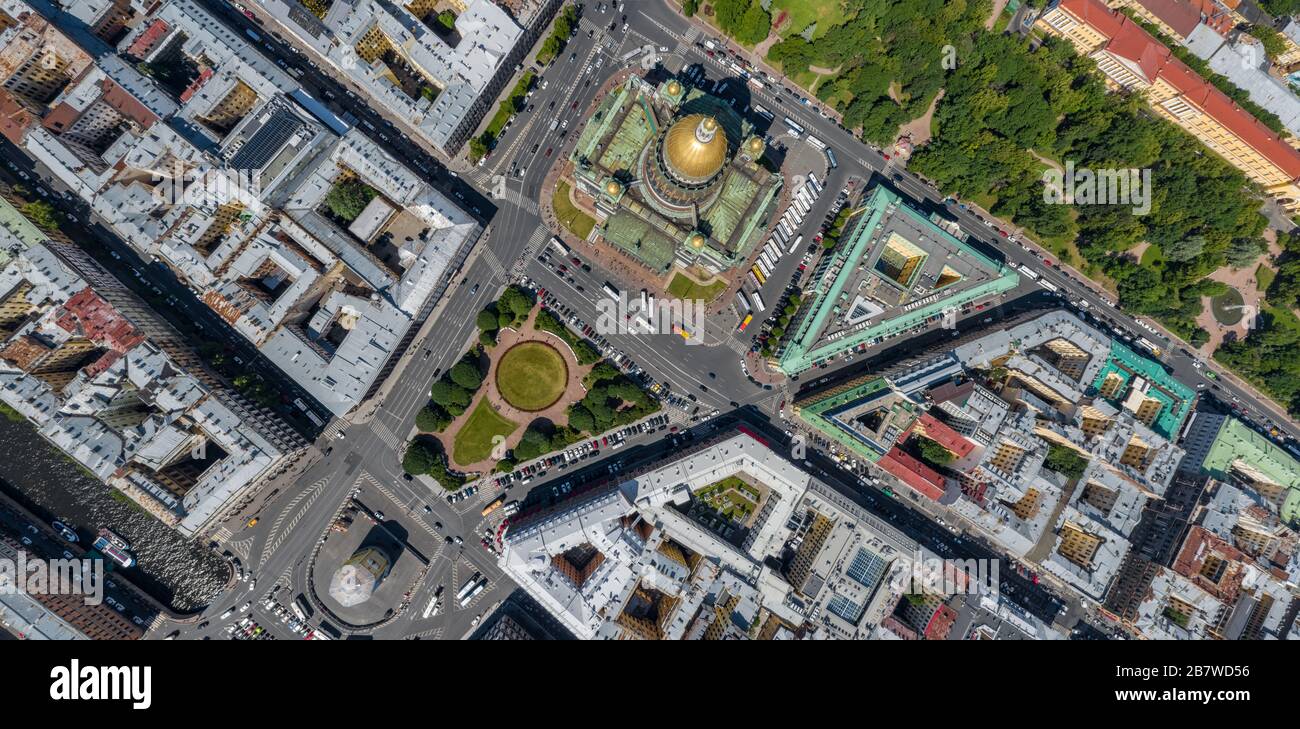 Aerial view of center of St.Petersburg, golden dome of Isaac Cathedral ...