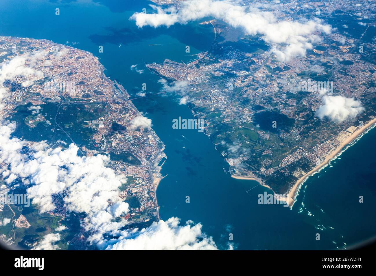 An aerial view of the mouth of the River Tagus in Portugal with Lisbon ...