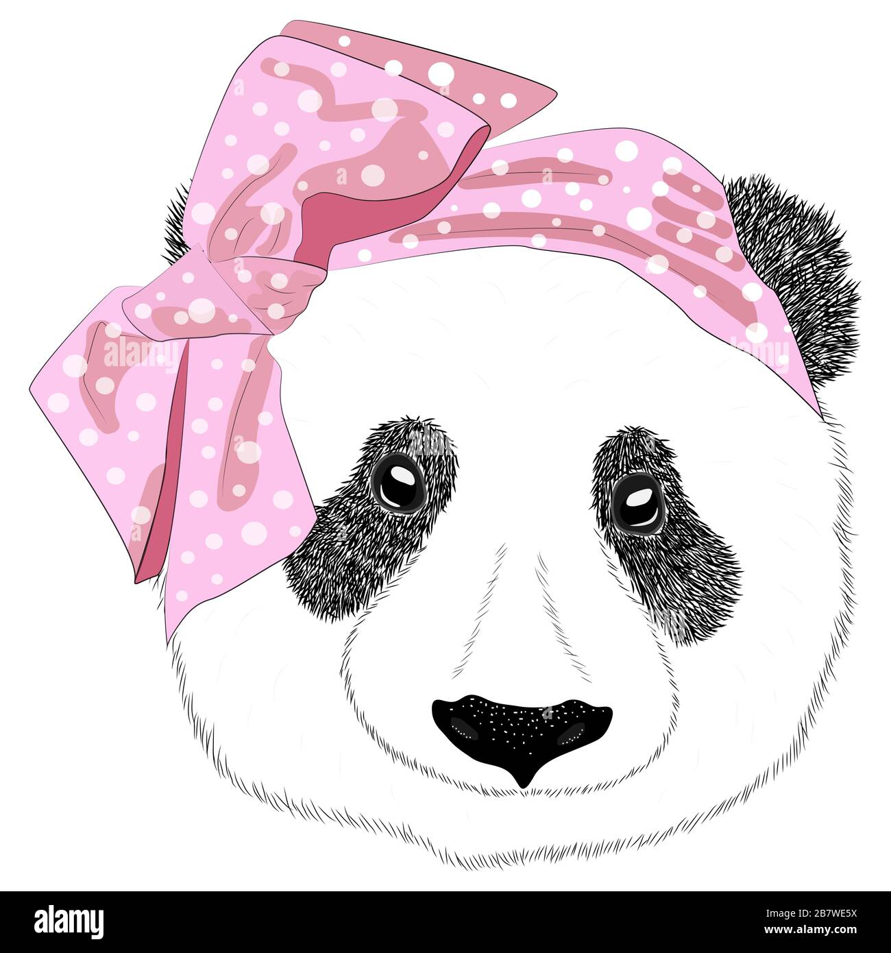 A hand drawn illustration of the head of a panda girl with a bow in the ...
