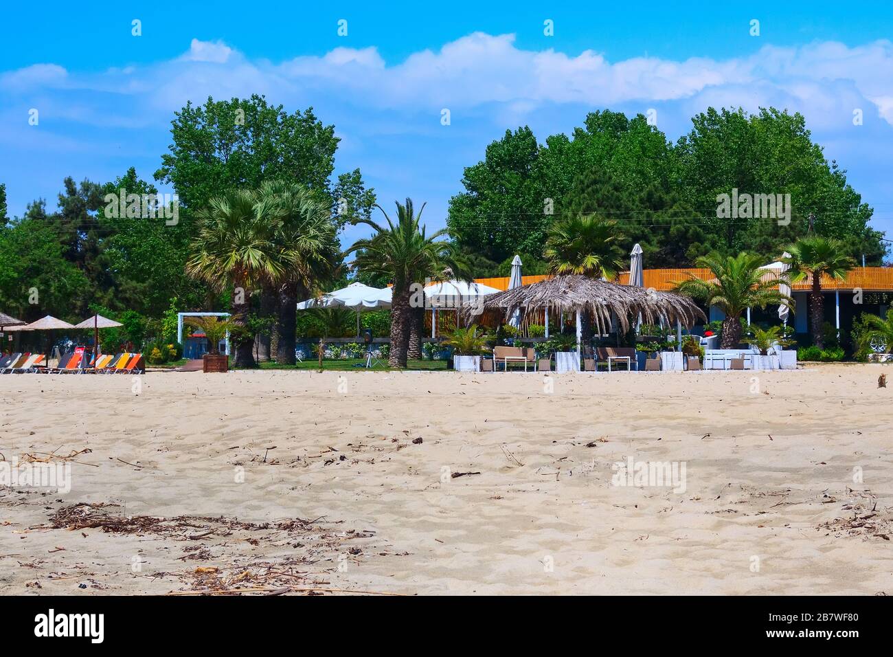 umbrellas and palm trees at greek sandy beach bar, blue sky, summer ...