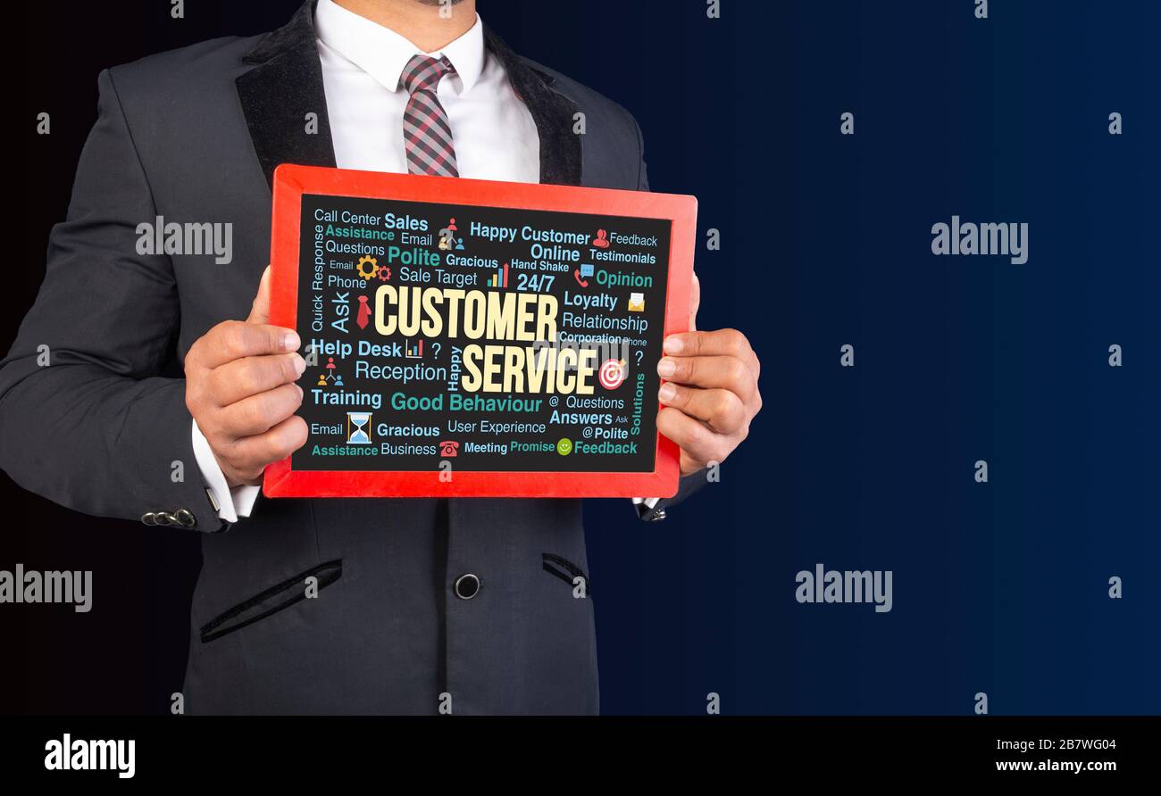 Professional holding Customer Care icons collage in hand on banner ...