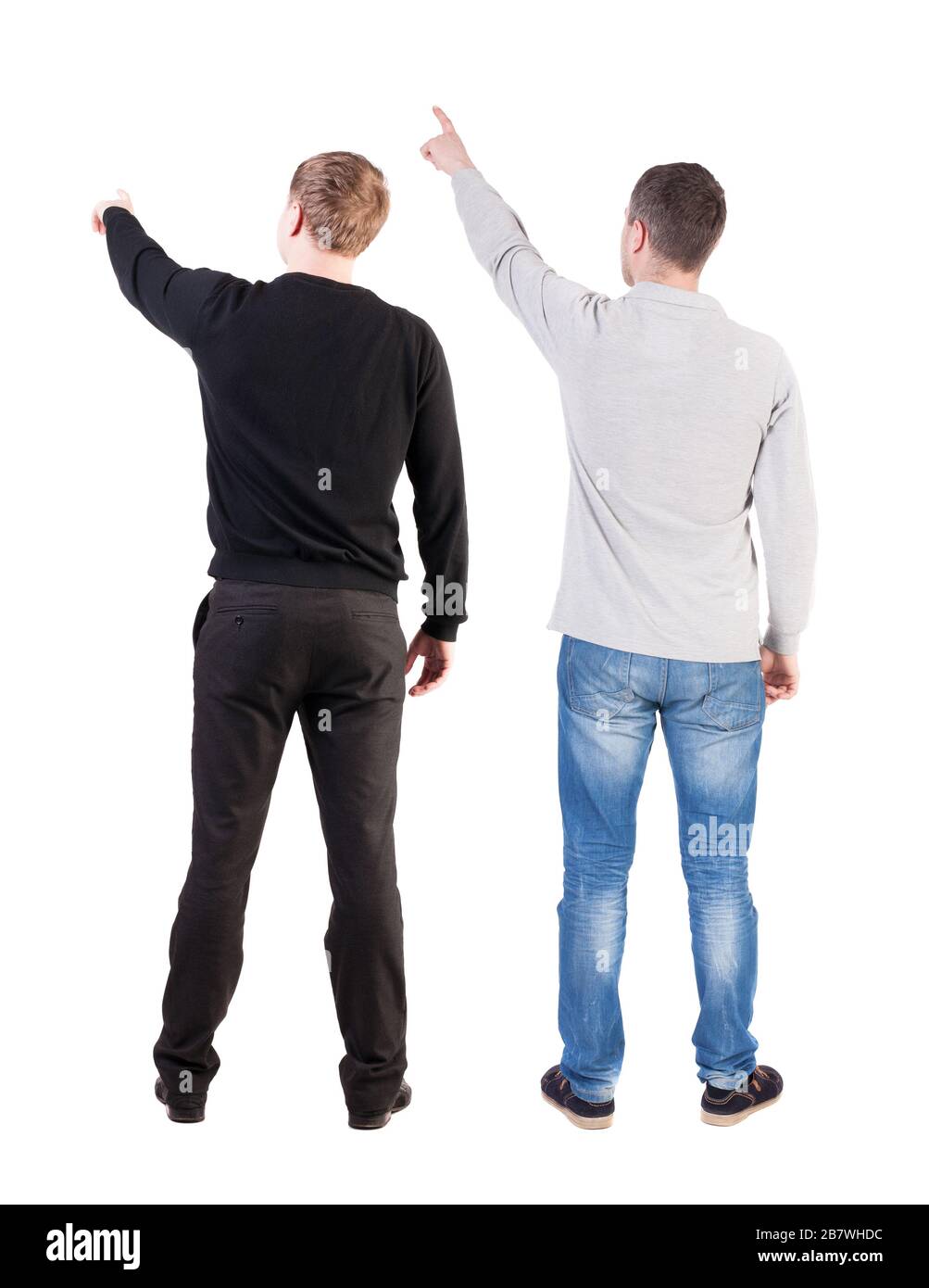 Back view of two man in sweater pointing. Rear view people collection ...