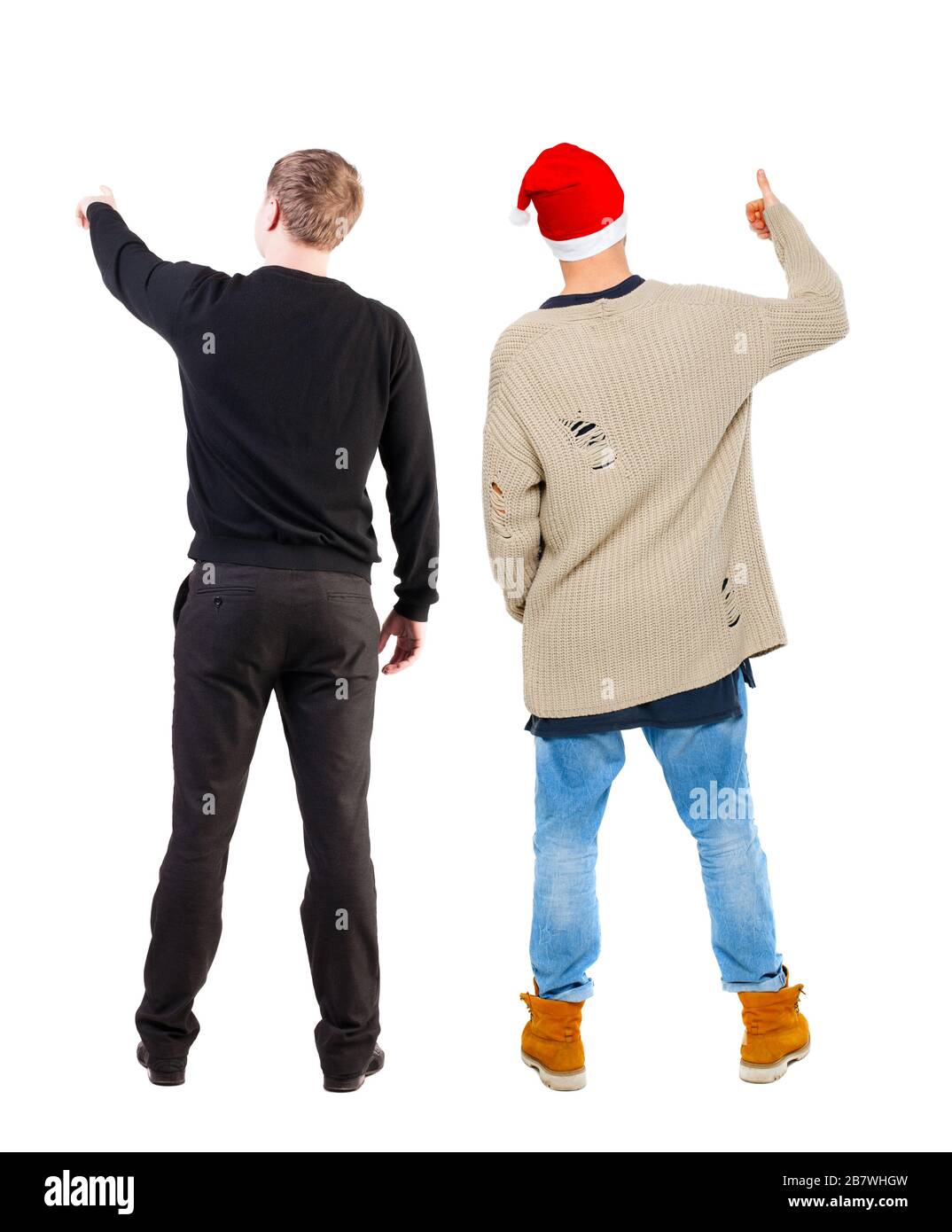 Back view of two man in sweater pointing. Rear view people collection ...