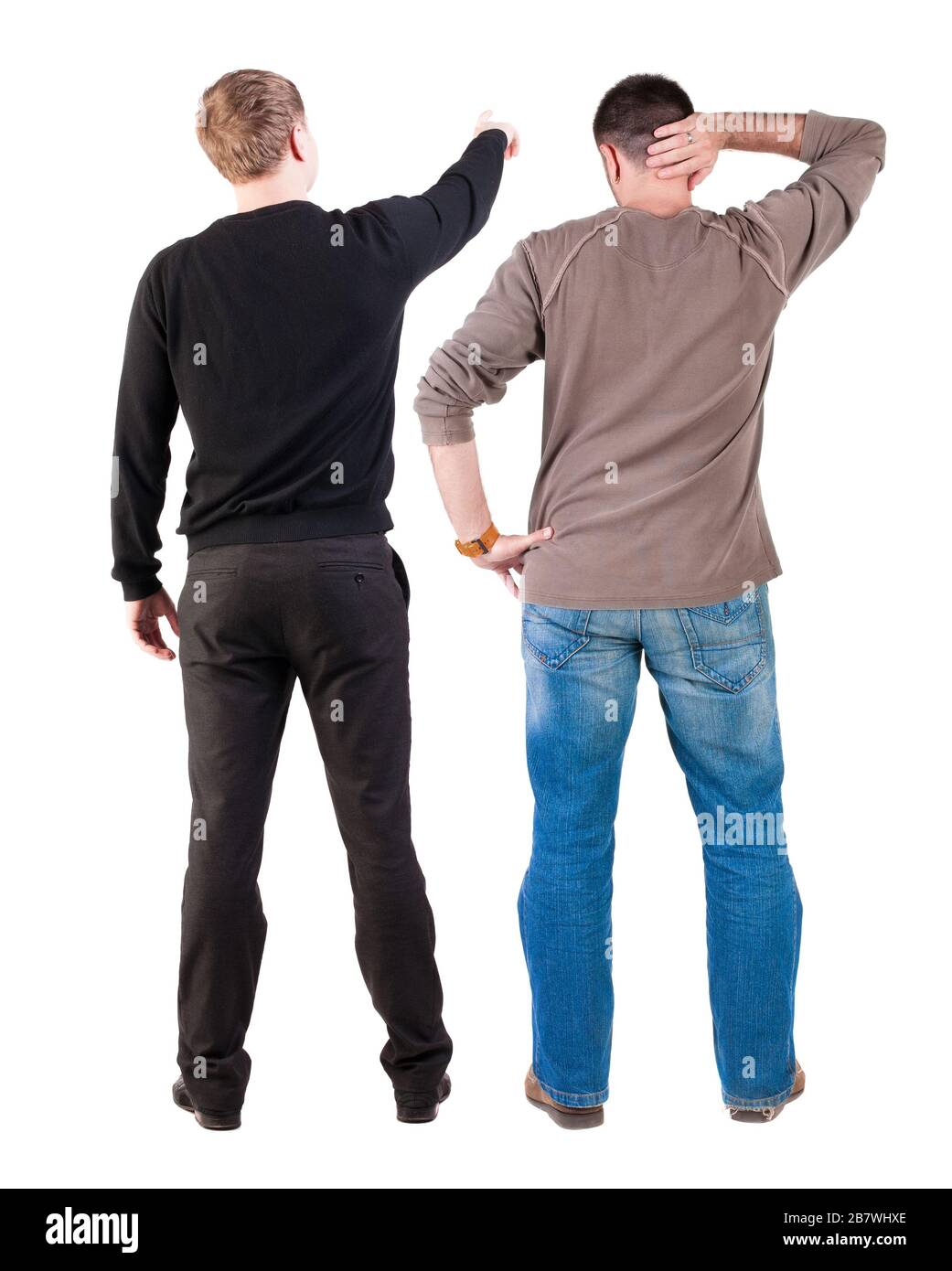 Back view of two man in sweater pointing. Rear view people collection ...