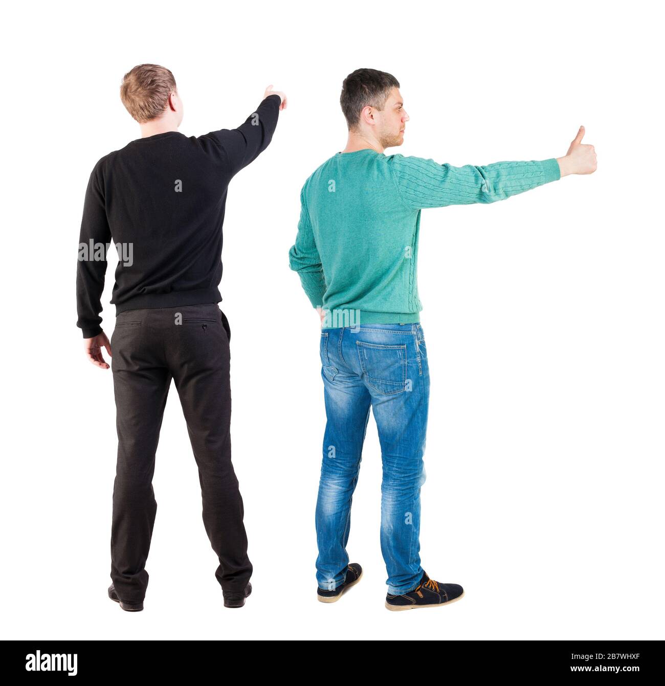 Back view of two man in sweater pointing. Rear view people collection ...