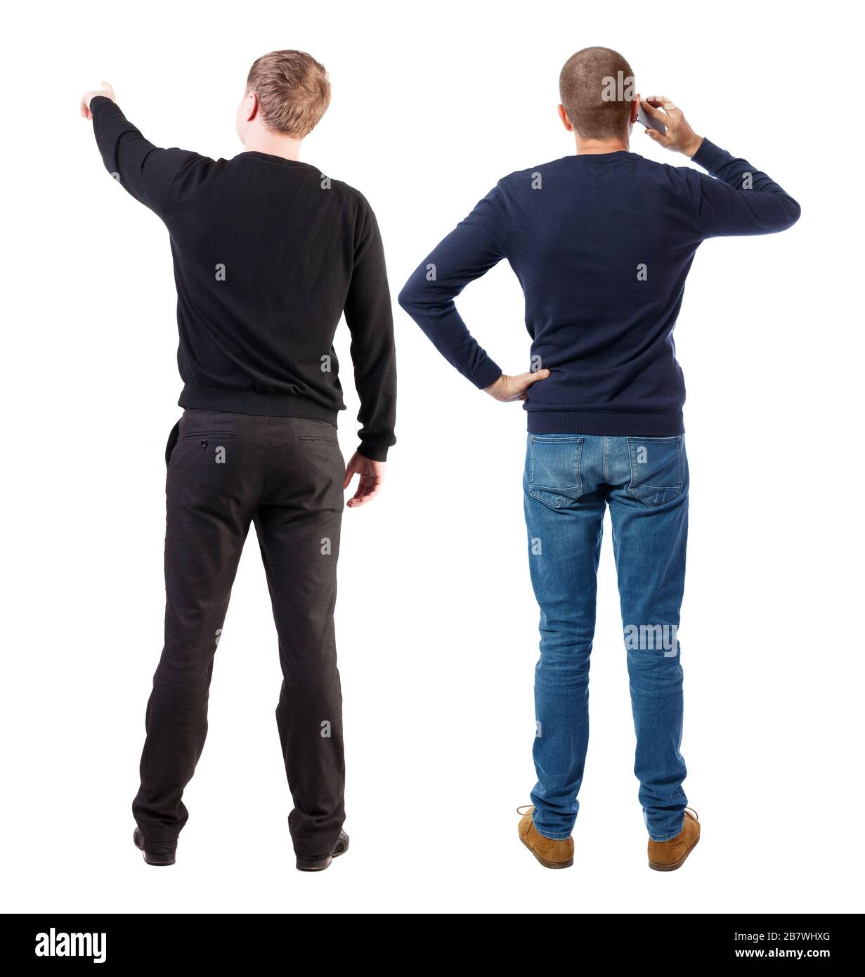 Back view of two man in sweater with mobile phone. Rear view people ...