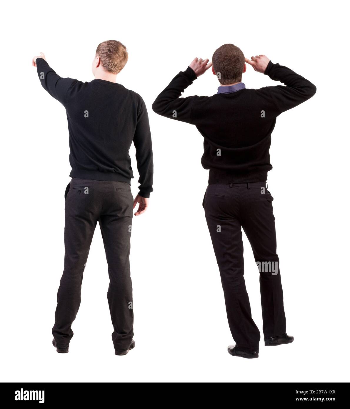 Back view of two man in sweater pointing. Rear view people collection ...