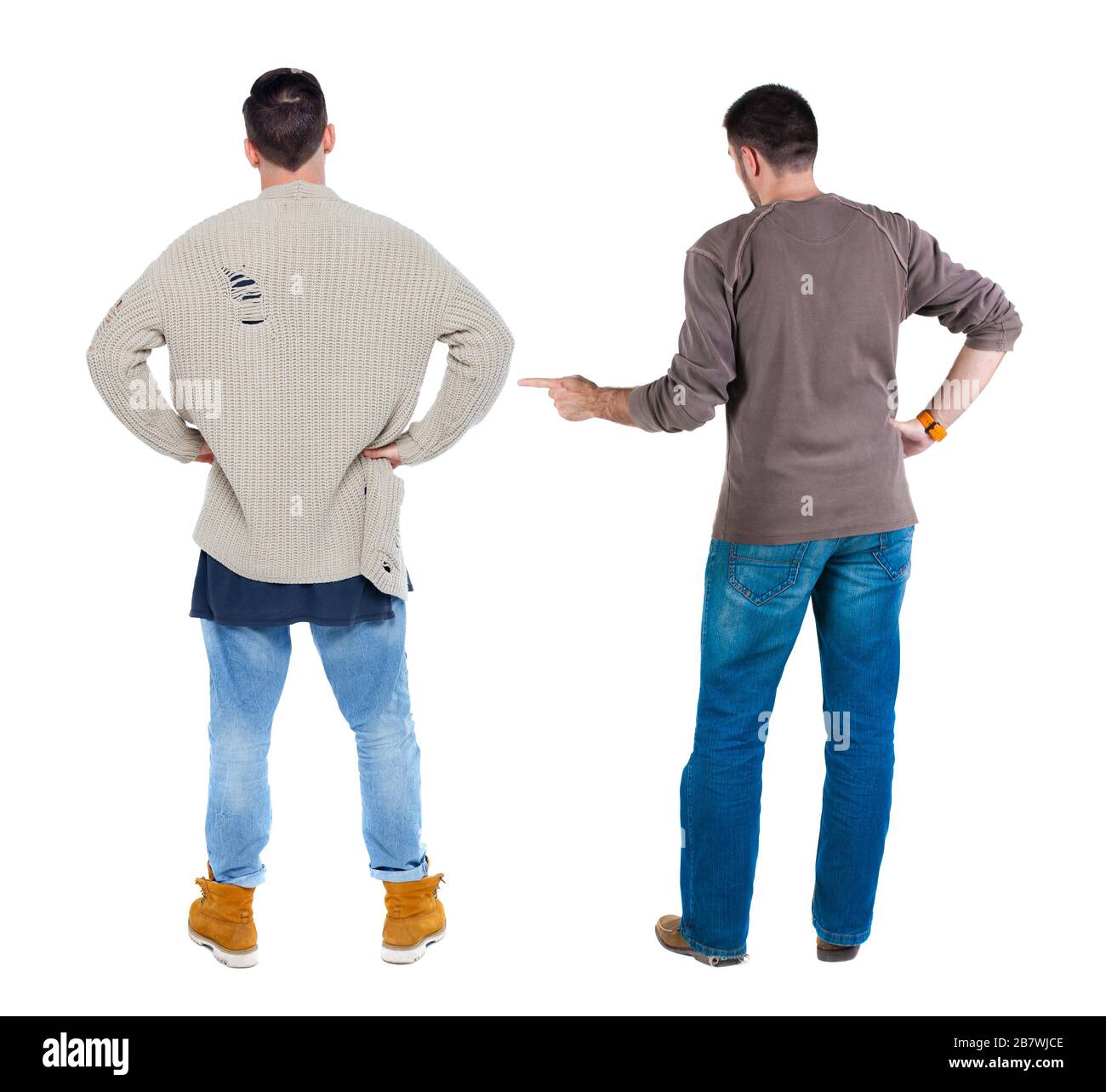Back view of two man in sweater pointing. Rear view people collection ...