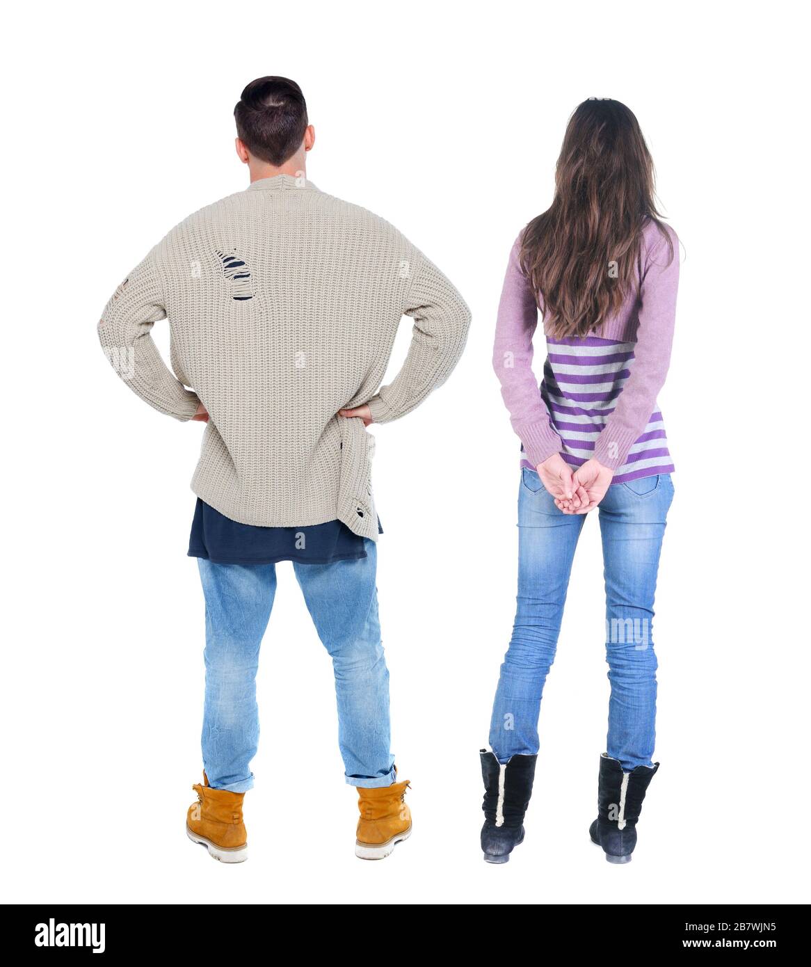 Back view couple in sweater. beautiful man and woman. Rear view people ...