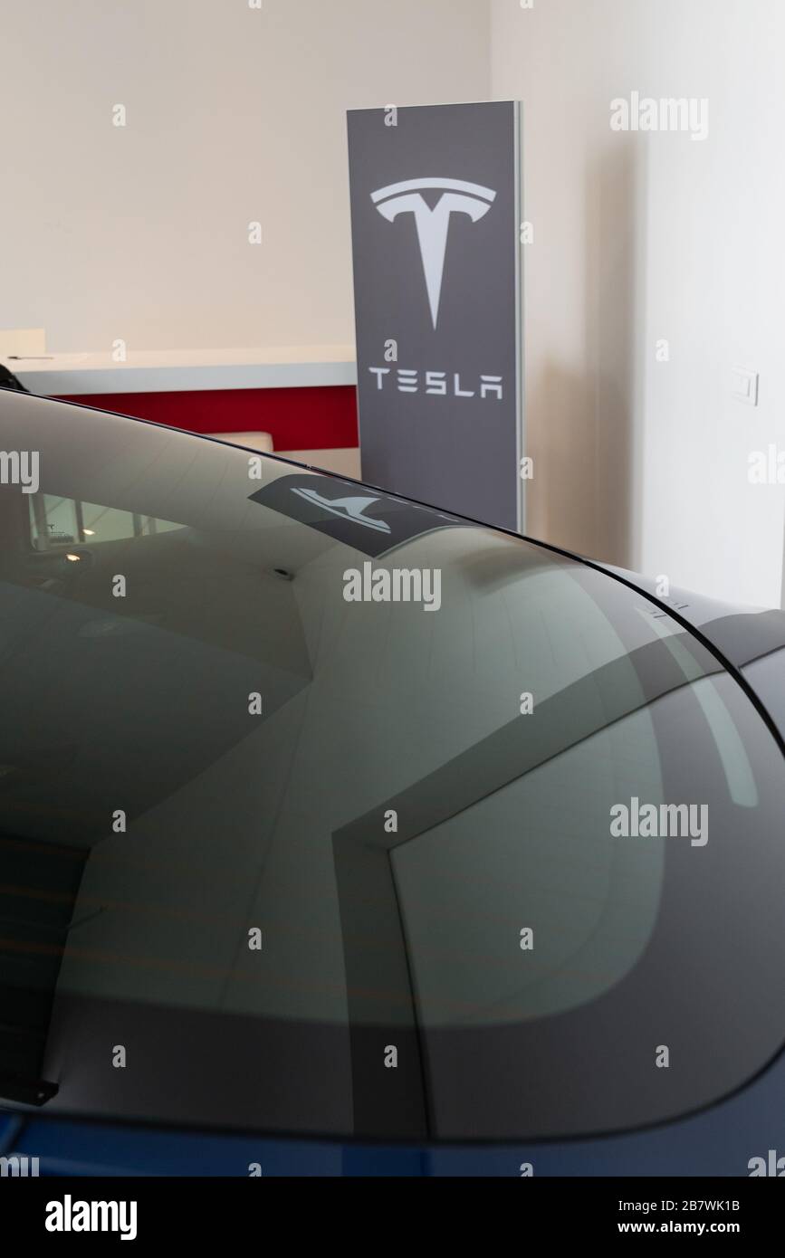 Bordeaux , Aquitaine / France - 11 18 2019 : Tesla car branding on ...