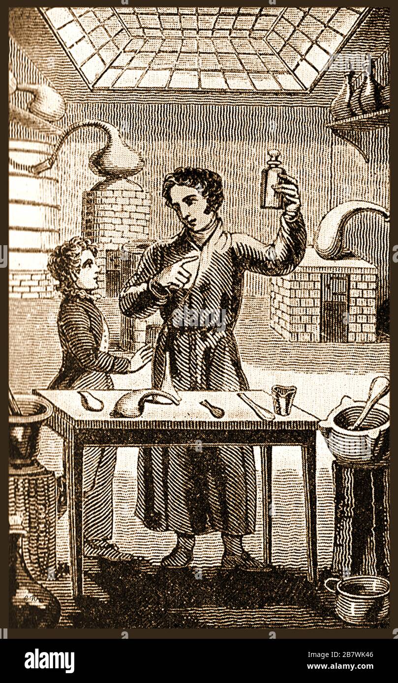 An old woodcut showing a 18th century chemist's laboratory with a ...