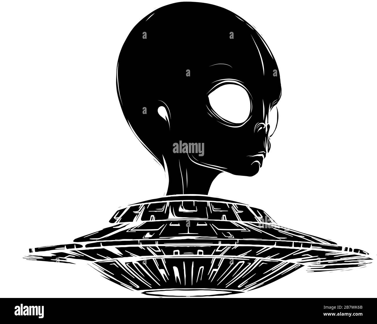 alien is sitting in a flying saucer.Hand drawn style.Space scientific ...