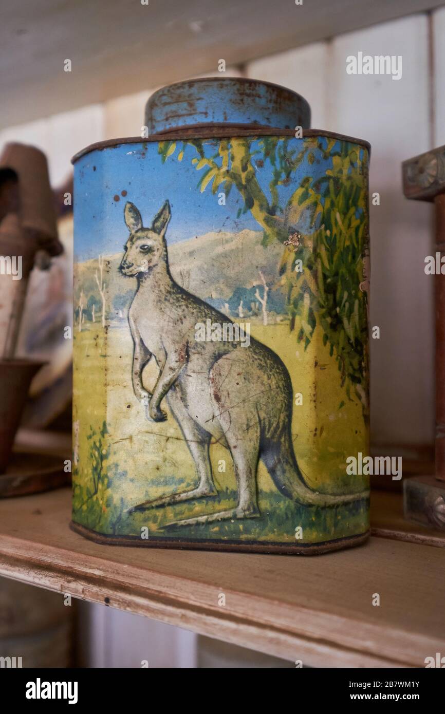 A tin with a kangaroo painting at the Crawley mansion. At the Monte ...