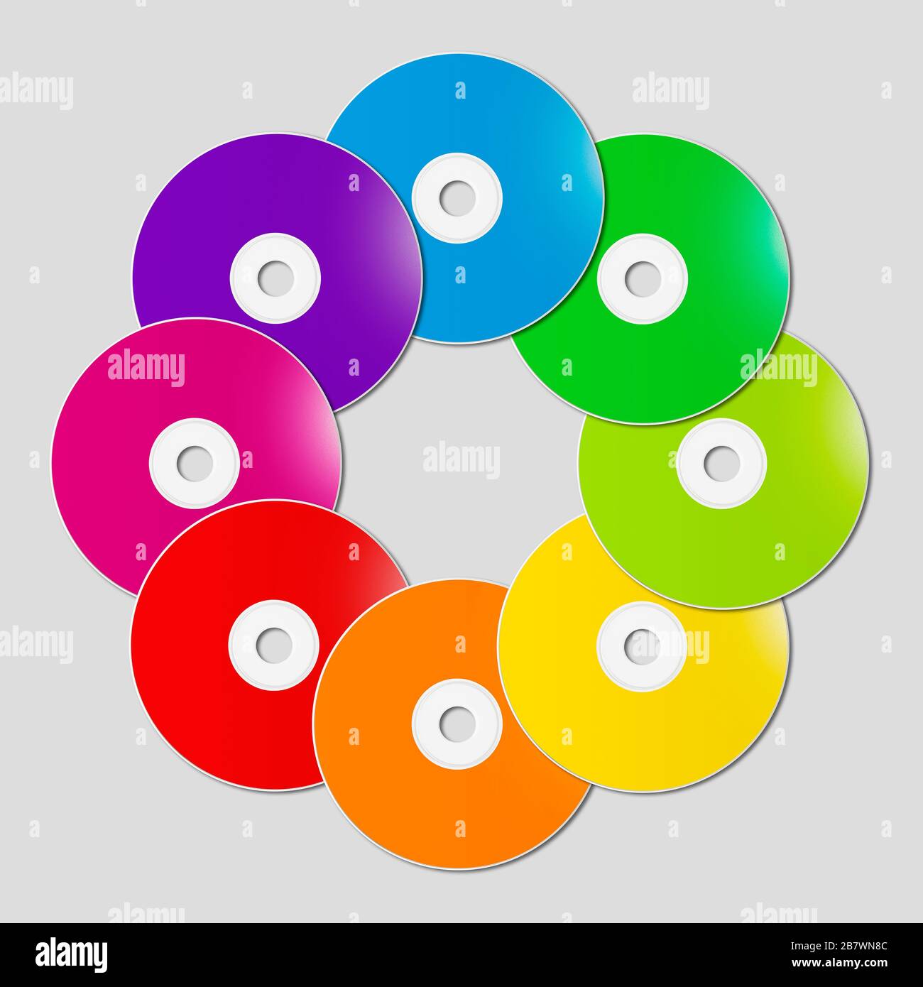 Colorful rainbow CD - DVD range in a circle shape isolated on grey ...