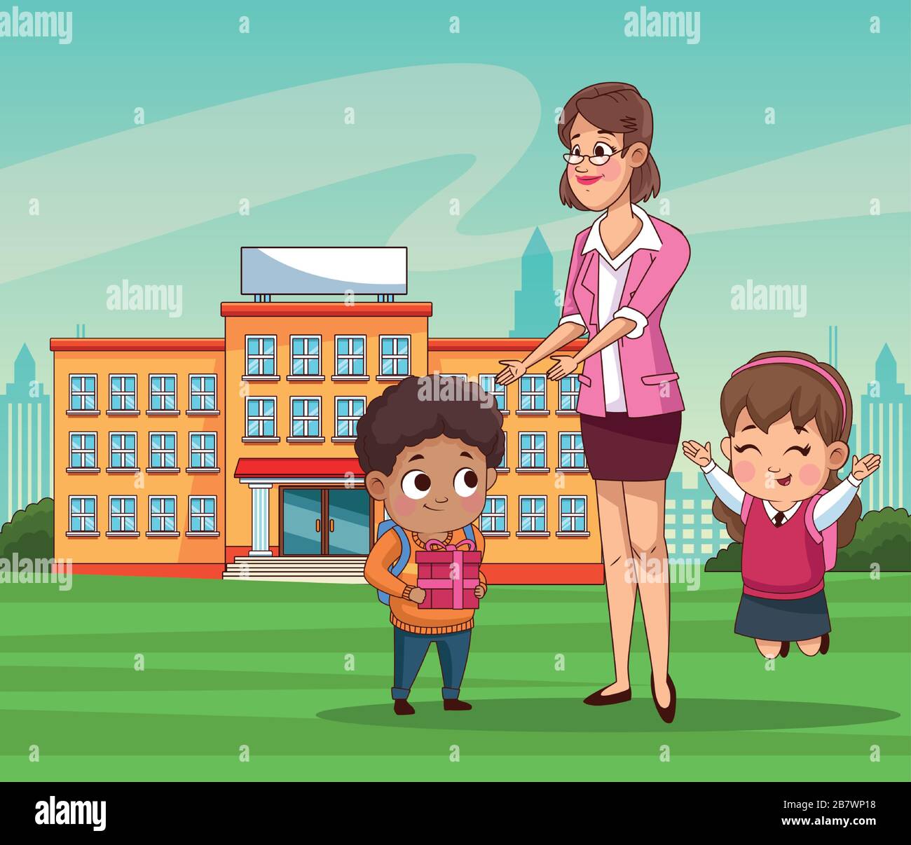 couple of little students kids with teacher outdoor school Stock Vector ...