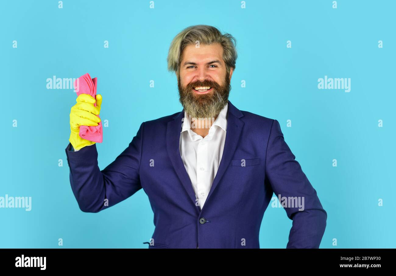 handsome businessman with washing gloves. use sponge and detergent for ...