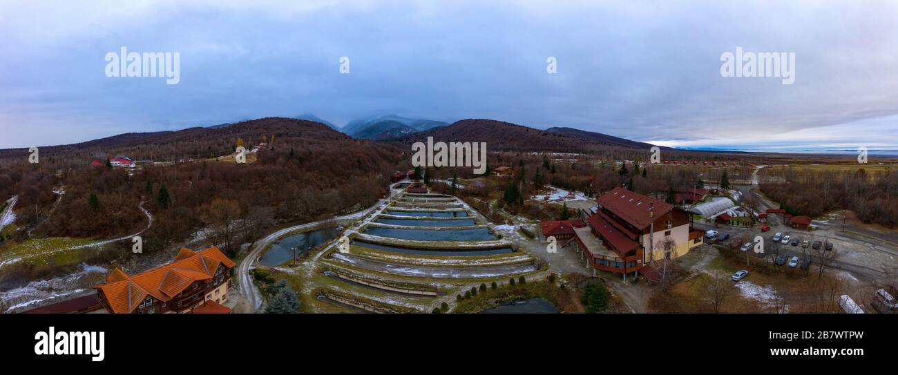 Aerial view of trout farm in the winter time Stock Photo - Alamy
