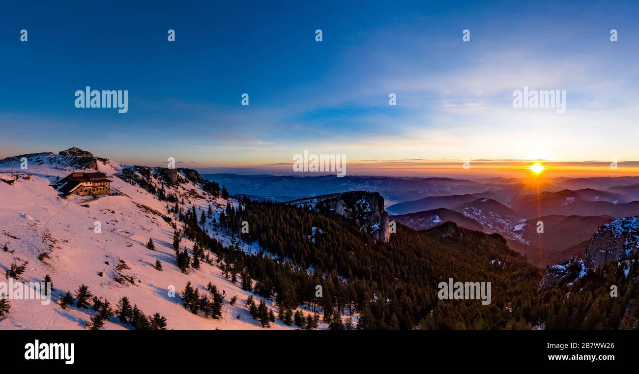 Dochia chalet and Toaca peak at sunrise in Ceahlău Mountains National ...