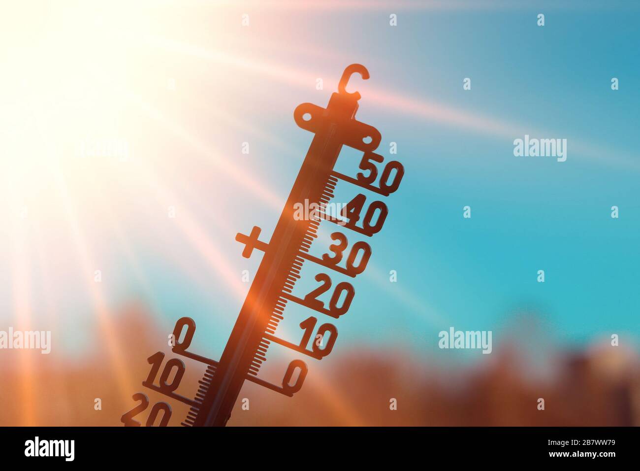 global warming, high temperature, measured on an outdoor thermometer ...