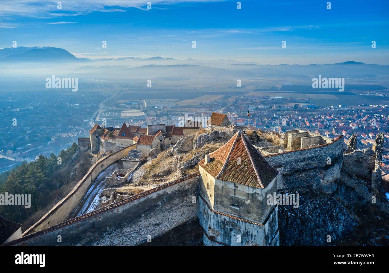 Aerial view of View of Rasnov Fortress and Rasnov city in Brașov ...
