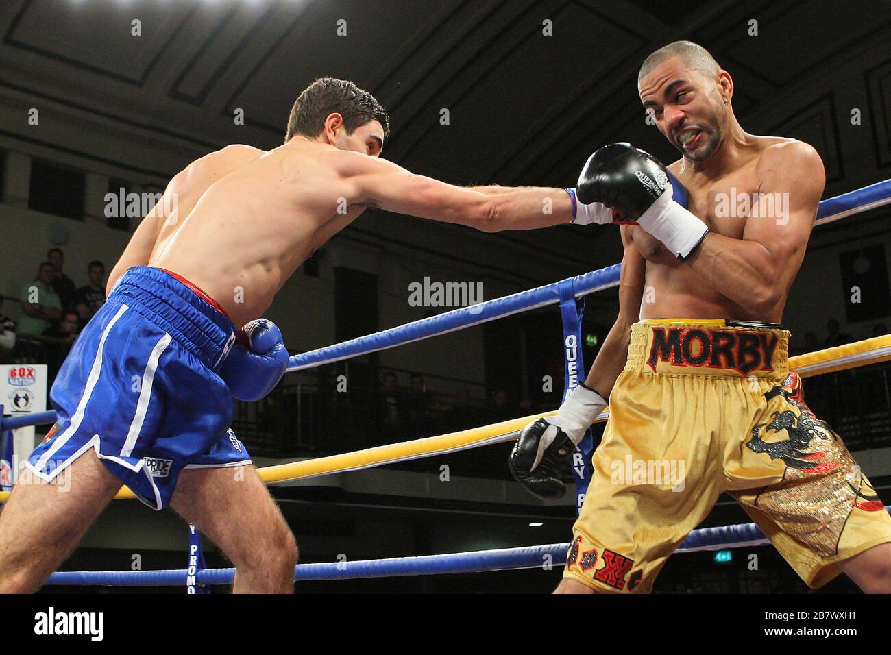 Frank Buglioni (blue shorts) defeats Paul Morby in a Super-Middleweight ...