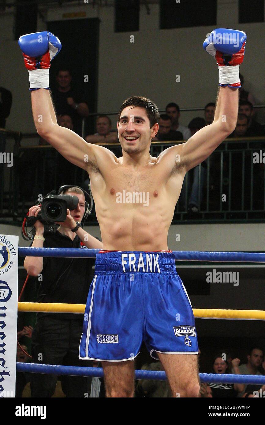 Frank Buglioni (blue shorts) defeats Paul Morby in a Super-Middleweight ...