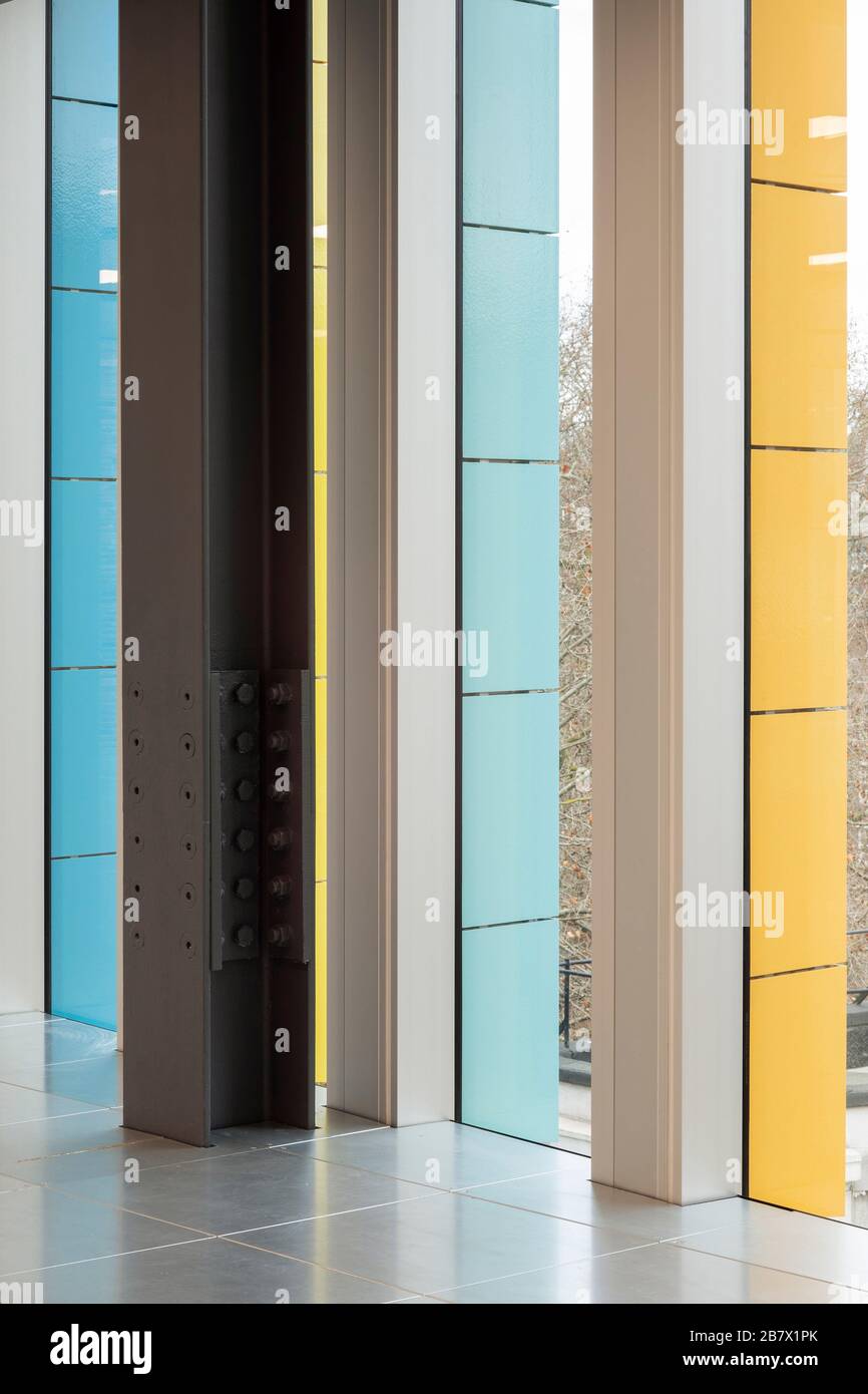 Detail view of coloured terracotta tiles from inside the office ...