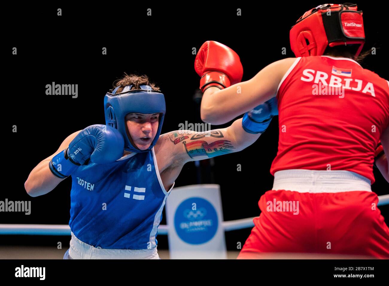 London, UK. 14-03-20. Aleksandra Rapaic (SRB) RED fights Elina Orvokki ...