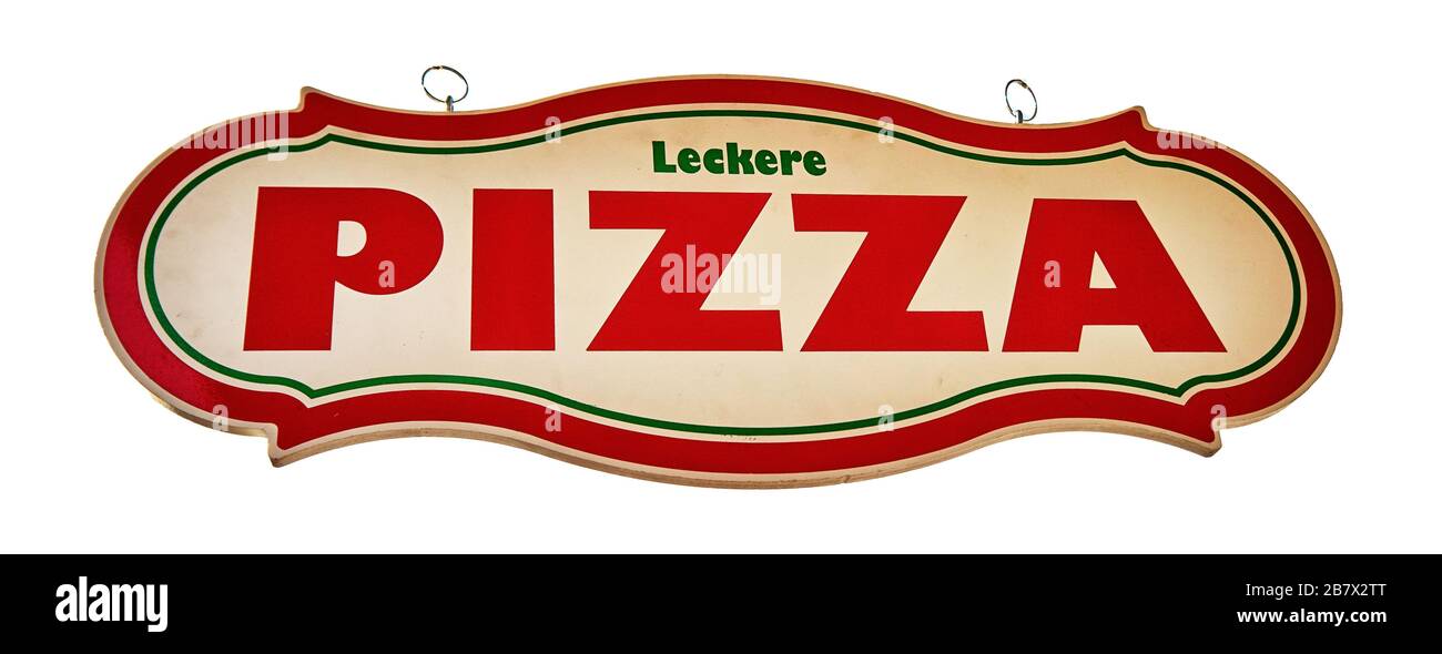 Pizza as text on a road sign isolated on white background. Letters with ...