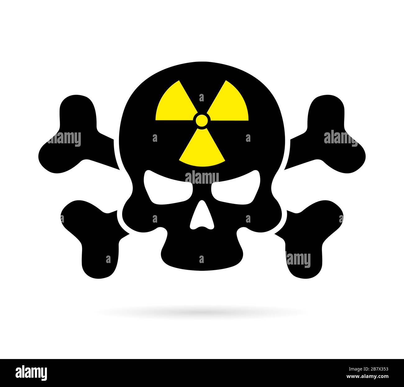 black skull icon with crossbones and a yellow radiation sign on a white ...
