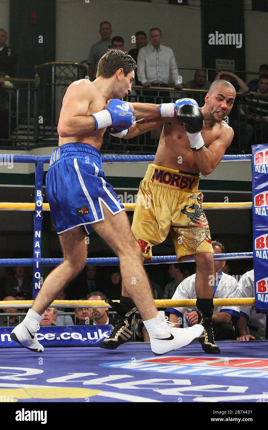 Frank Buglioni (blue shorts) defeats Paul Morby in a Super-Middleweight ...