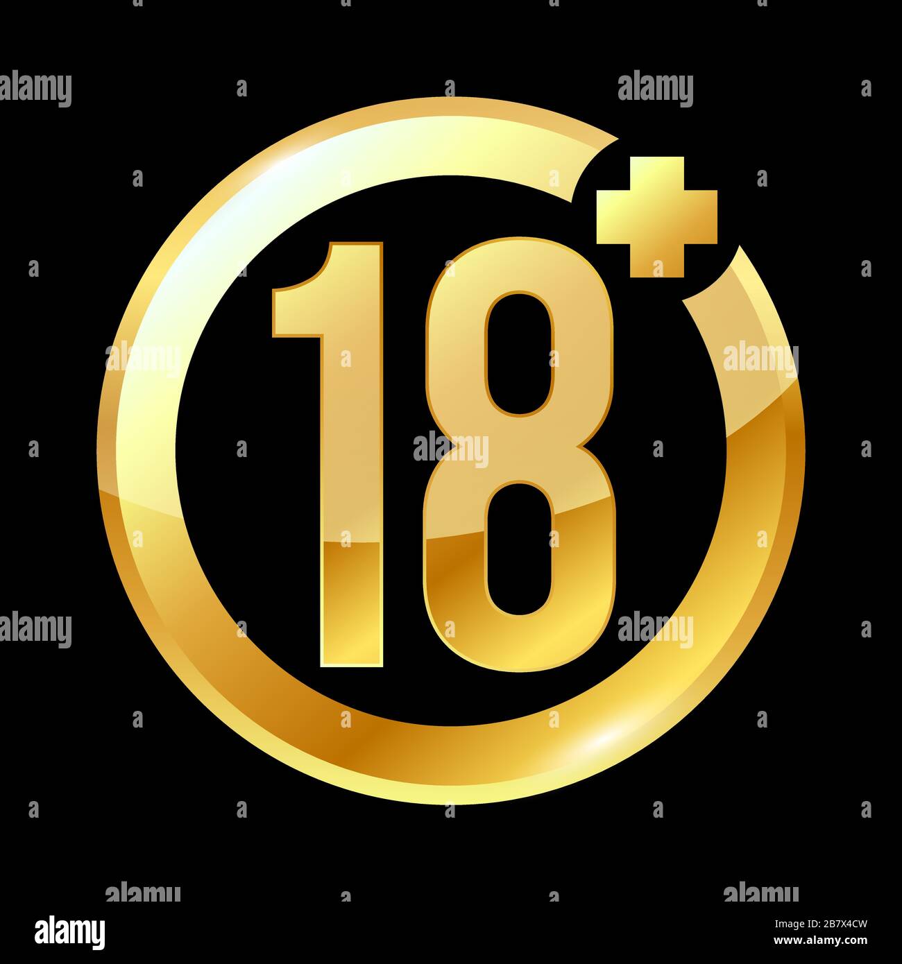 Gold sign age restriction to 18 years. round sign on a black background ...