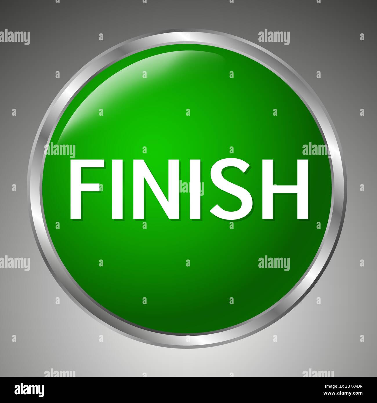 Big green finish button on a gray background. 3D style. Vector ...