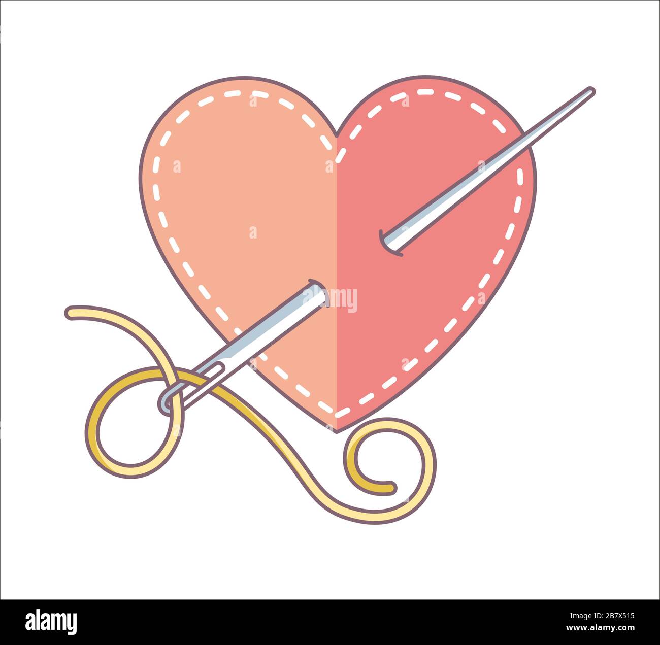needle goes through a heart made of fabric on a white background ...